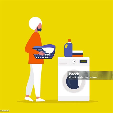 빨 래 바구니를 들고 있는 젊은 인디언 캐릭터 세탁 세제 매일 집안일 개념입니다 플랫 편집 가능한 벡터 일러스트 클립 아트 가사 집안일에 대한 스톡 벡터 아트 및 기타