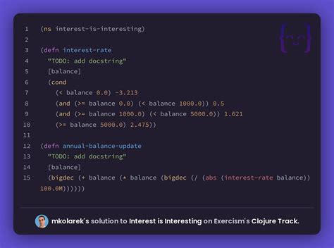 Mkolareks Solution For Interest Is Interesting In Clojure On Exercism