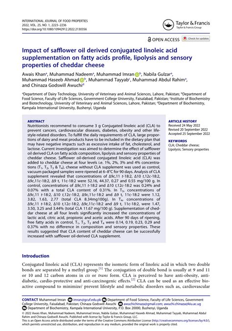 Pdf Impact Of Safflower Oil Derived Conjugated Linoleic Acid Supplementation On Fatty Acids
