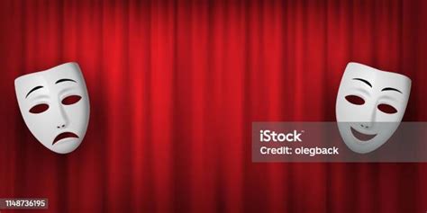 코미디와 비극 연극 마스크 빨간 커튼 배경에 고립 벡터 가로 그림입니다 Theatrical Performance에 대한 스톡 벡터 아트 및 기타 이미지