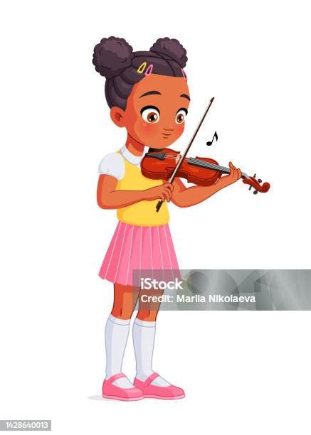 바이올린을 연주하는 아프리카 계 미국인 여학생 만화 벡터 일러스트레이션 바이올린 연주자에 대한 스톡 벡터 아트 및 기타 이미지