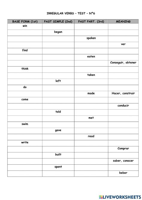 Irregular Verbs Test 6 Activity Live Worksheets