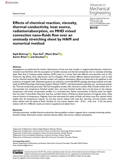 Pdf Effects Of Chemical Reaction Viscosity Thermal Conductivity Heat Source Radiation