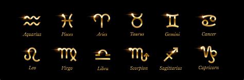 검은 색 배경에 이름이 설정된 황금 조디악 표지판 점성술 기호 및 별자리 벡터 일러스트레이션 빛나는 금속 물병자리 물고기자리