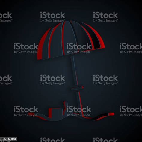 검은 색 배경에 고립 된 해변 아이콘을위한 종이 컷 태양 보호 우산 야외 공간을위한 대형 파라솔 해변 우산입니다 종이 아트 스타일입니다 벡터 일러스트레이션 0명에 대한 스톡