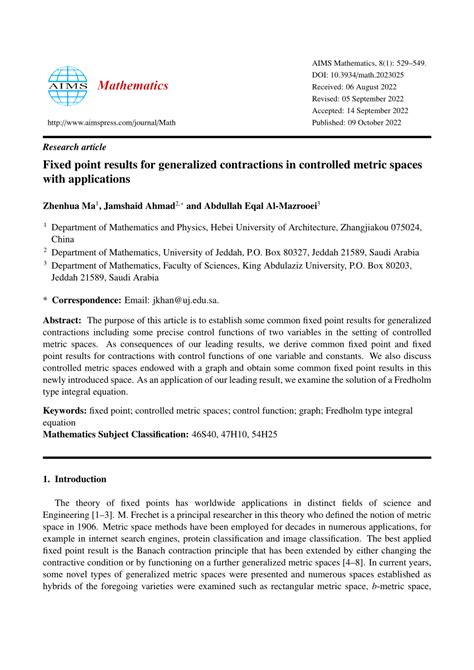 Pdf Fixed Point Results For Generalized Contractions In Controlled Metric Spaces With Applications