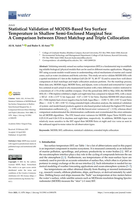 Pdf Statistical Validation Of Modis Based Sea Surface Temperature 2 In Shallow Semi Enclosed