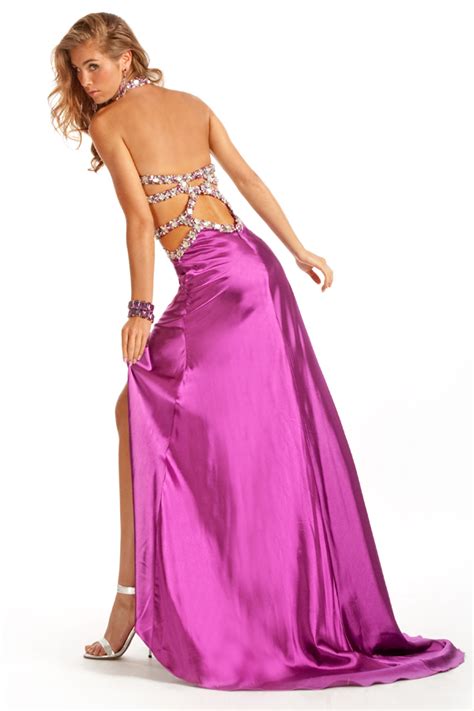 Fuchsia Halter Neck High Slit Open Back Empire Full Length Sexy Dress With Jewel