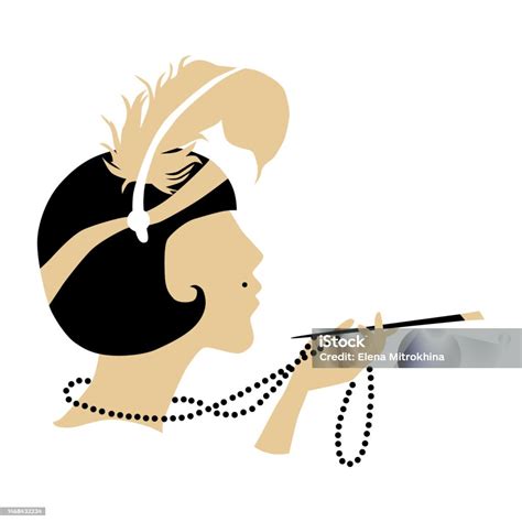 개츠비 스타일의 소녀 아르 데코 스타일 짧은 이발과 마우스 피스에 담배를 가진 아름다운 소녀 디자인과 웹을 위해 흰색 배경에 격리된 벡터 그림 1920 1929 년에 대한