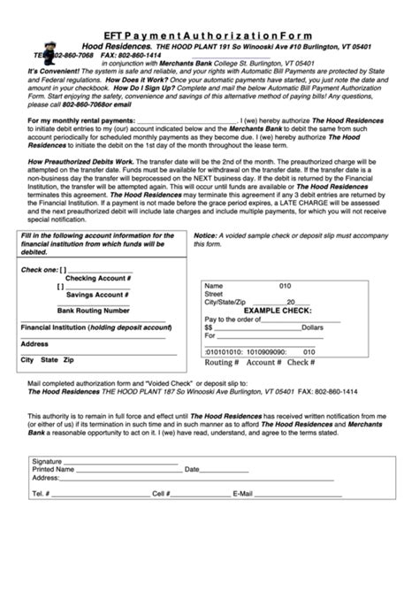 Printable Eft Authorization Form Template Printable Forms Free Online