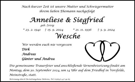 Traueranzeigen Von Anneliese Wesche Trauer Anzeigende