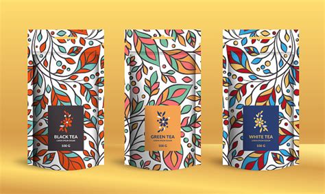 지퍼 파우치 백 모형으로 다채로운 차 포장 디자인 벡터 장식 템플릿입니다 우아하고 고전적인 요소 음식 음료 및 기타 패키지