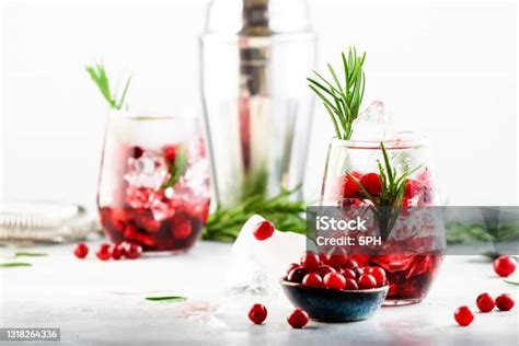 크랜베리 보드카 진 알코올 칵테일 얼음 로즈마리 딸기를 텀블러 유리로 만듭니다 여름 긴 음료 회색 테이블 배경 0명에 대한 스톡 사진 및 기타 이미지 Istock