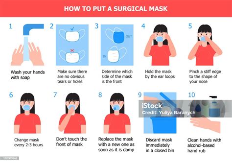 소녀는 바이러스를 방지하기 위해 마스크를 착용하고있다 단계의 그림 수술 마스크를 착용하는 방법 청소 손의 지시 벡터 보호 마스크에 대한 스톡 벡터 아트 및 기타 이미지