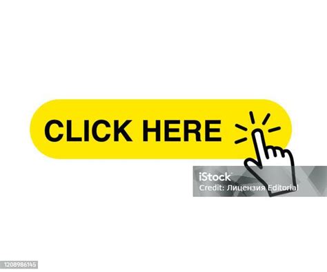 노란색 은 손 포인터 클릭 아이콘 거품이있는 이 버튼이 있습니다 현대 플랫 스타일 디자인의 손 가리키는 아이콘으로 여기를 클릭하십시오 벡터 일러스트레이션 Eps 10 개념에