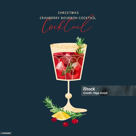 크리스마스 크랜베리 버번 칵테일 겨울 알코올 음료 평면 벡터 그림입니다 청록색 어두운 배경 휴일 파티에 필요한 모든 것 버번