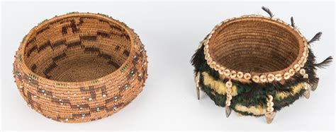 Lot 686 2 Native American Pomo Baskets 1 Feather Case Auctions