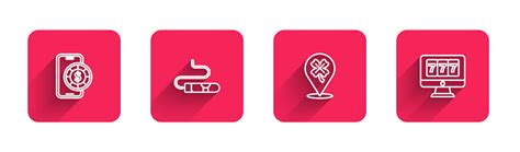 세트 라인 온라인 포커 테이블 게임 시가 긴 그림자와 함께 클로버와 잭팟과 카지노 슬롯 머신 빨간색 사각형 버튼입니다 벡터 0명에 대한 스톡 벡터 아트 및 기타 이미지