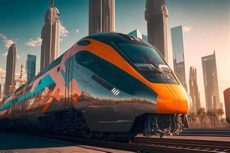 도심의 현대적인 미래형 여객 열차 신경망 생성 예술 프리미엄 사진