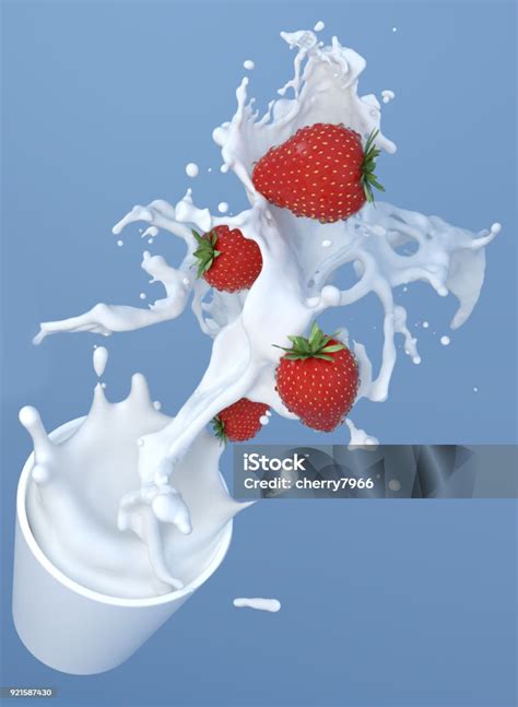 컵 시작 및 디자인 밀크 화이트 초콜릿 스플래시 작품 배경에 대 한 파란색 배경 3d 렌더링 그림에 고립에서 우유와 딸기 개체 그룹에 대한 스톡 사진 및 기타 이미지