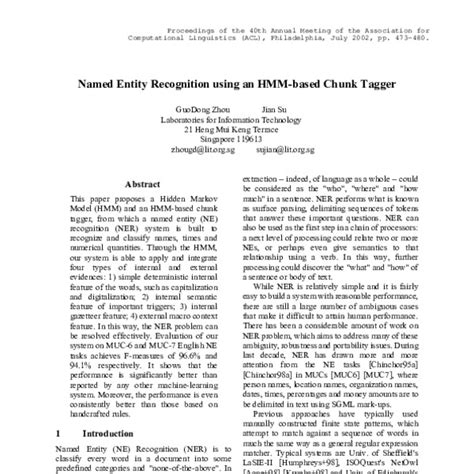 Named Entity Recognition Using An Hmm Based Chunk Tagger Acl Anthology