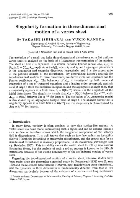 Pdf Singularity Formation In Three Dimensional Motion Of A Vortex Sheet