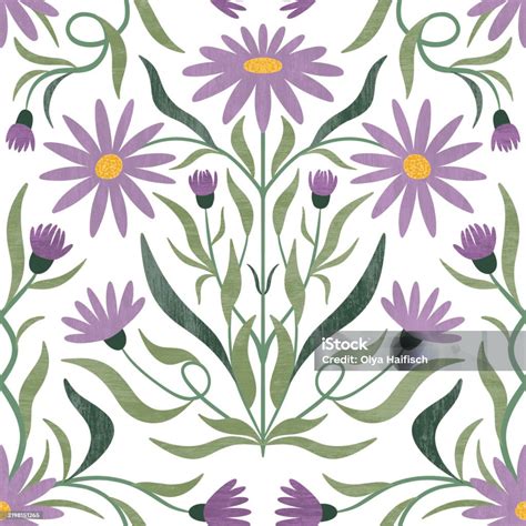 대칭적인 꽃 완벽 한 패턴입니다 우아한 보라색 과꽃 꽃과 질감이 있는 잎은 흰색 배경에 고립되어 있습니다 직물 벽지 인쇄 카드를 위한 전통적인 중립 식물 반복 타일 디자인