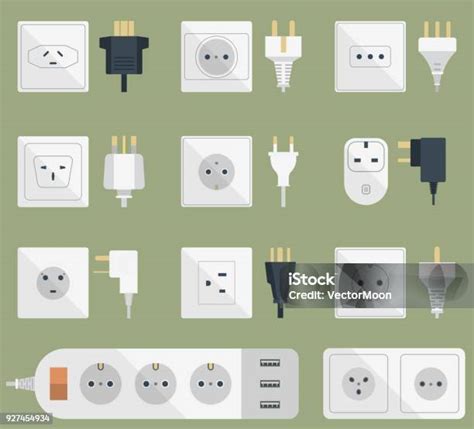 전기 플러그 스택 콘센트 그림 에너지 소켓 전원 콘센트 플러그 유럽과 미국 아시아 기기 내부 아이콘 와이어 케이블 코드 플러그 연결 전원 콘센트 플러그 이중 미국 아웃렛