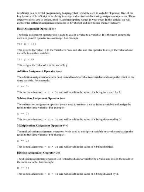 Javascript Assignment Operators Pdf Java Script Dynamic Web Page