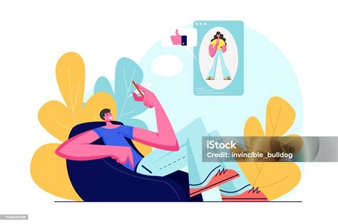 젊은 웃는 남성 캐릭터 소셜 미디어 네트워크에서 여자와 통신 하는 안락의 자에 앉아 사용자를 방문 계정 프로필에 좋아하는 의견을 주고 만화 평면 벡터 일러스트 가상현실에