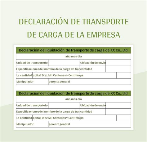 Plantilla De Formato Excel Declaración De Transporte De Carga De La