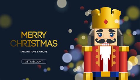 크리스마스 세일 웹 배너 호두 까기 인형과 흐릿한 조명과 함께 화려한 크리스마스 배경 새해 복 많이 받으세요 겨울 축제 구성입니다 벡터 일러스트 레이 션 호두 까는 기구에