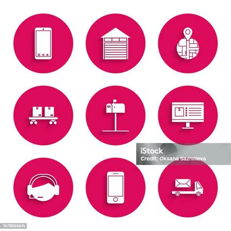메일 상자 열기 앱 배달 추적 기능이있는 휴대폰 우편 트럭 컴퓨터 모니터 지원 운영자 터치 철도 객차 및 아이콘을 설정합니다 벡터 0명에 대한 스톡 벡터 아트 및 기타