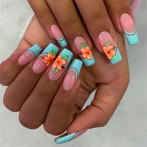 Tropical Floral Hawaii Nail Art With Orange Hibiscus Flowers By Anouska