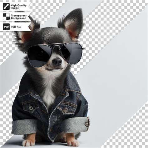 Psd собака в джинсовой куртке и солнцезащитных очках на прозрачном фоне с редактируемым слоем