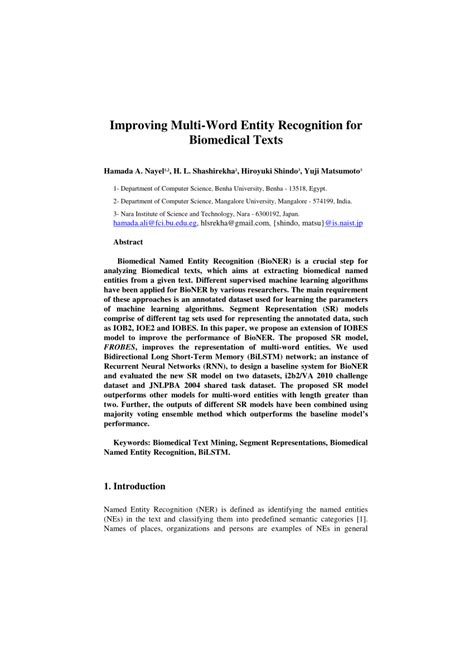 Pdf Improving Multi Word Entity Recognition For Biomedical Texts