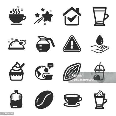 라떼 커피 쿨러 병 에스프레소 기호 와 같은 음식과 음료 아이콘 세트 벡터 고급에 대한 스톡 벡터 아트 및 기타 이미지 고급