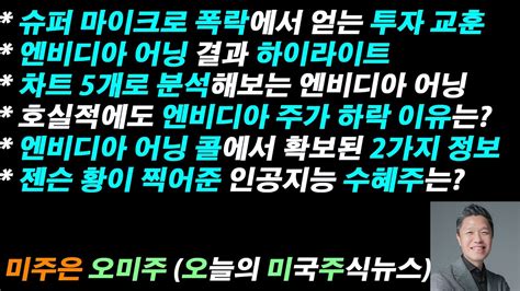 오늘의 미국주식뉴스 호실적에도 엔비디아 주가 하락 이유 엔비디아 어닝 콜에서 확보된 2가지 정보 젠슨 황이 찍어준 인공지능 수혜주 슈퍼 마이크로 폭락과 투자