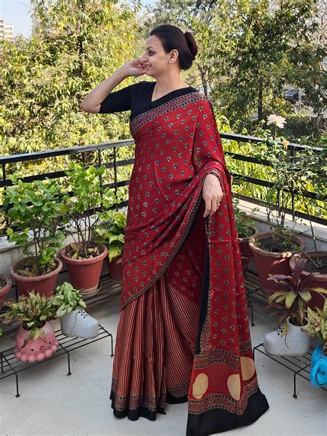 Red Half And Half Modal Silk Ajrakh Block Print Saree