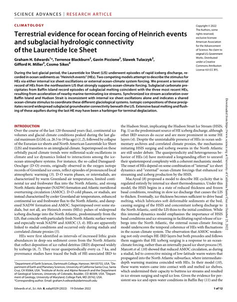 Pdf Terrestrial Evidence For Ocean Forcing Of Heinrich Events And Subglacial Hydrologic
