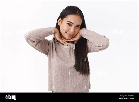 Cuteness Overload Cheerful Lovely Gorgeous Asian Woman Tilt Head Cute Embrace Jawline And
