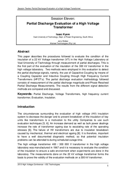 Pdf Partial Discharge Evaluation Of A High Voltage Transformer