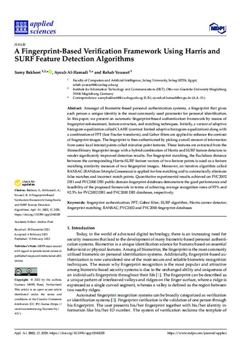 Pdf A Fingerprint Based Verification Framework Using Harris And Surf Feature Detection Algorithms