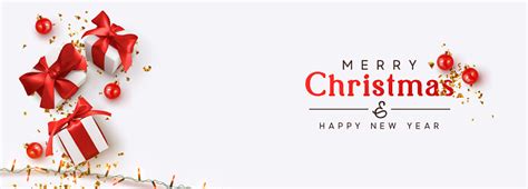 휴일 배너 메리 크리스마스와 새해 복 많은 새해 현실적인 축제 물건 흰색 선물 상자 빨간 공 가벼운 램프 화환 반짝이 골드 색종이와 함께 Xmas 디자인 수평 포스터 플랫