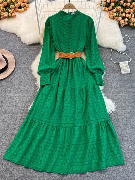 Elegant Green Long Sleeve Maxi Dress With Belt On Luulla