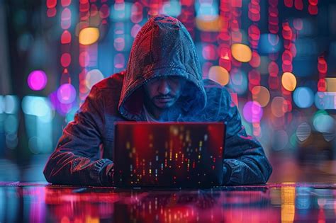 premium photo hacker in a hood using a laptop coding and data on a code background digital