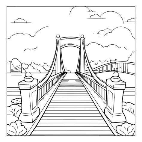 Suspension Bridge Over The River In Outline Style Premium Ai Generated Vector