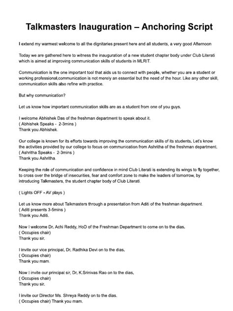 Talkmasters Inauguration Anchoring Script Pdf