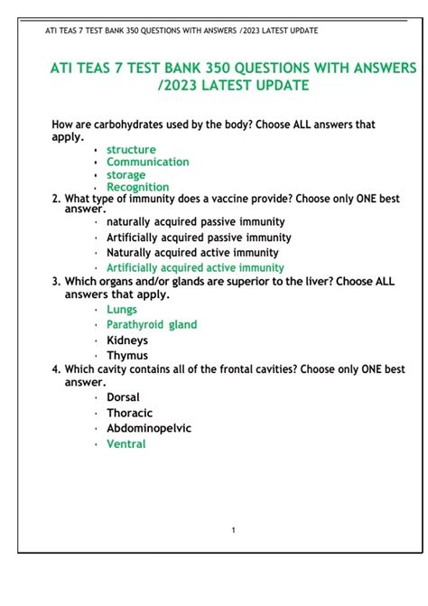 Ati Teas 7 Test Bank 350 Questions With Answers 2023 Latest Update