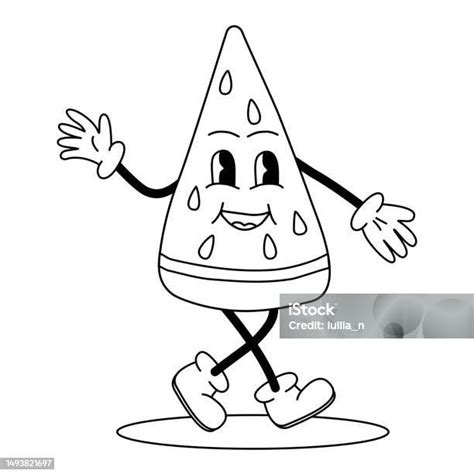 수박 그루비 스타일의 귀여운 만화 캐릭터 색칠하기 책을 위한 낙서 스타일 플랫 벡터 개요 가공의 인물에 대한 스톡 벡터 아트 및